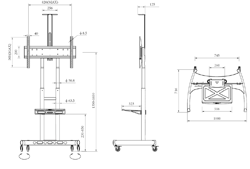 מעמד רצפתי עם גלגלים ומדף למסכים עד 86 אינצ' משקל נשיאה 90.9 ק''ג North ...