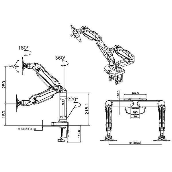 זרוע הידראולית לשני מחשבים ניידים עד 53 ס''מ חיבור לשולחן מלחציים ...